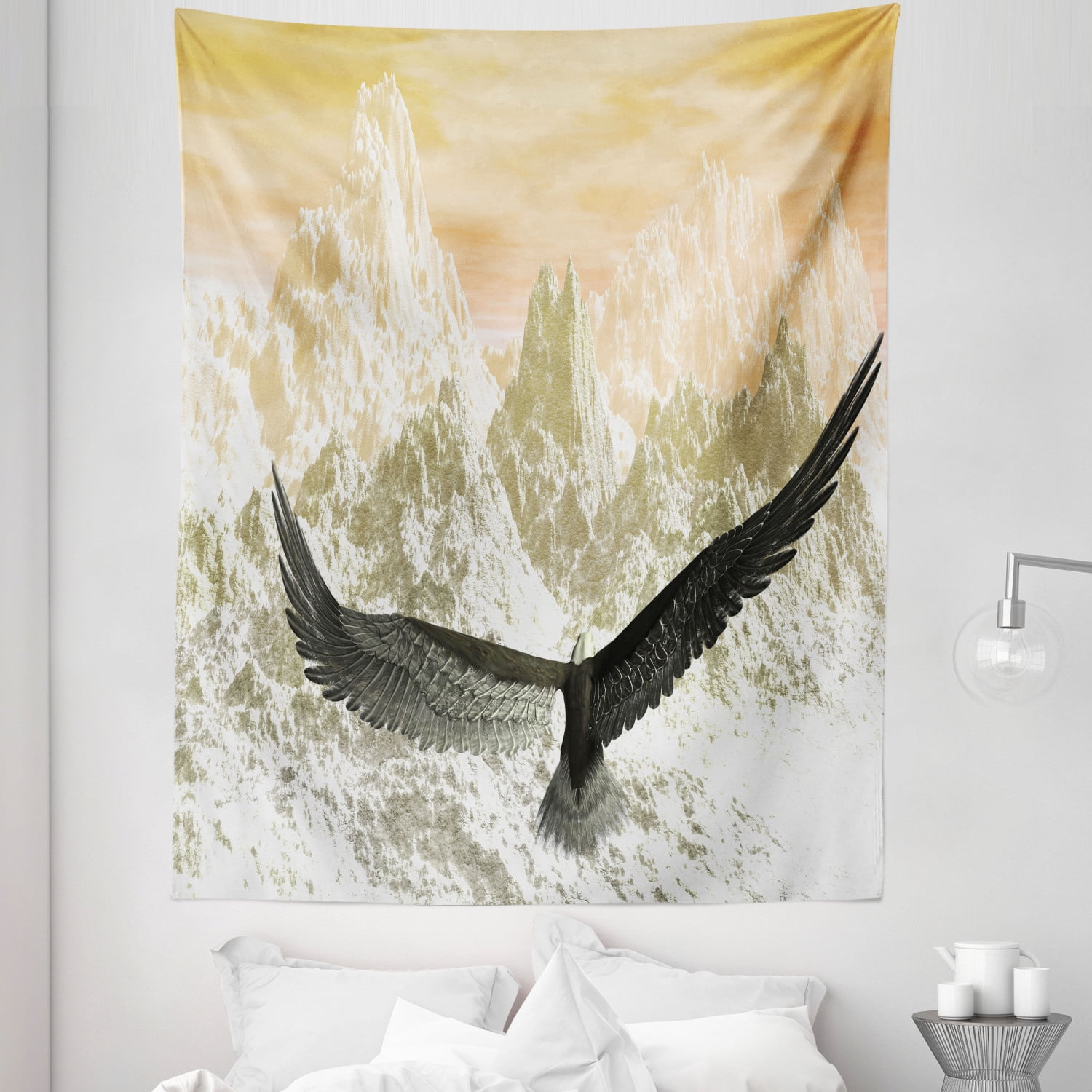 Bird Tapestry, Eagle Flying Towards the Mountains in the Sunset Clouds ...