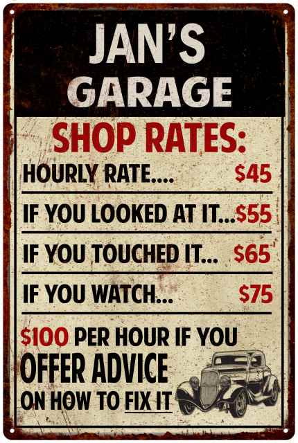 JAN'S Garage Shop Rates Sign Man Cave Decor Gift 8x12 Metal ...