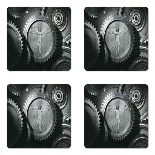 Industrial Coaster Set of 4, Wheels of System with Medieval Old Human ...