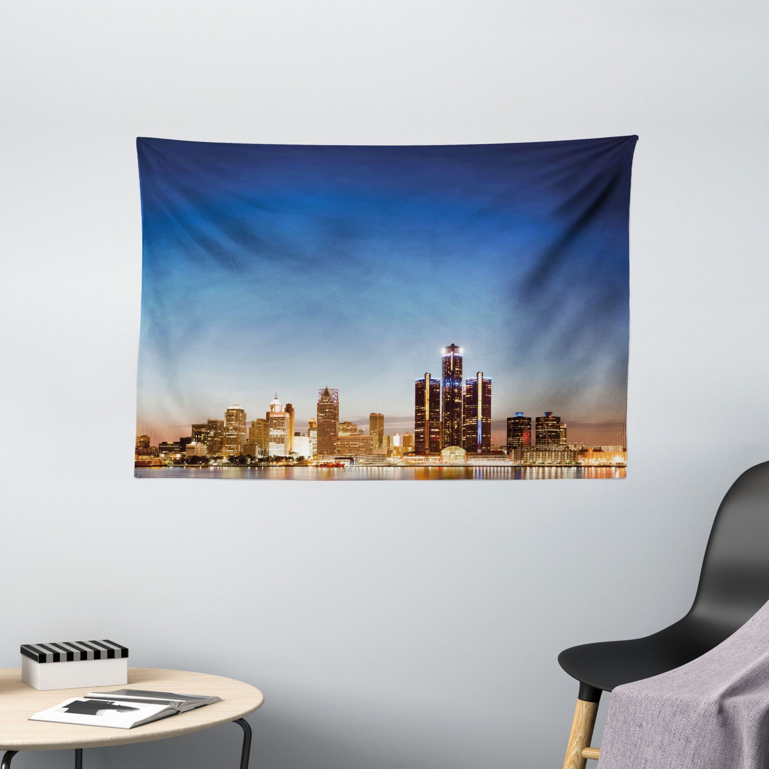 Detroit Decor Tapestry, Michigan Skyline at Twilight Waterfront Lively ...