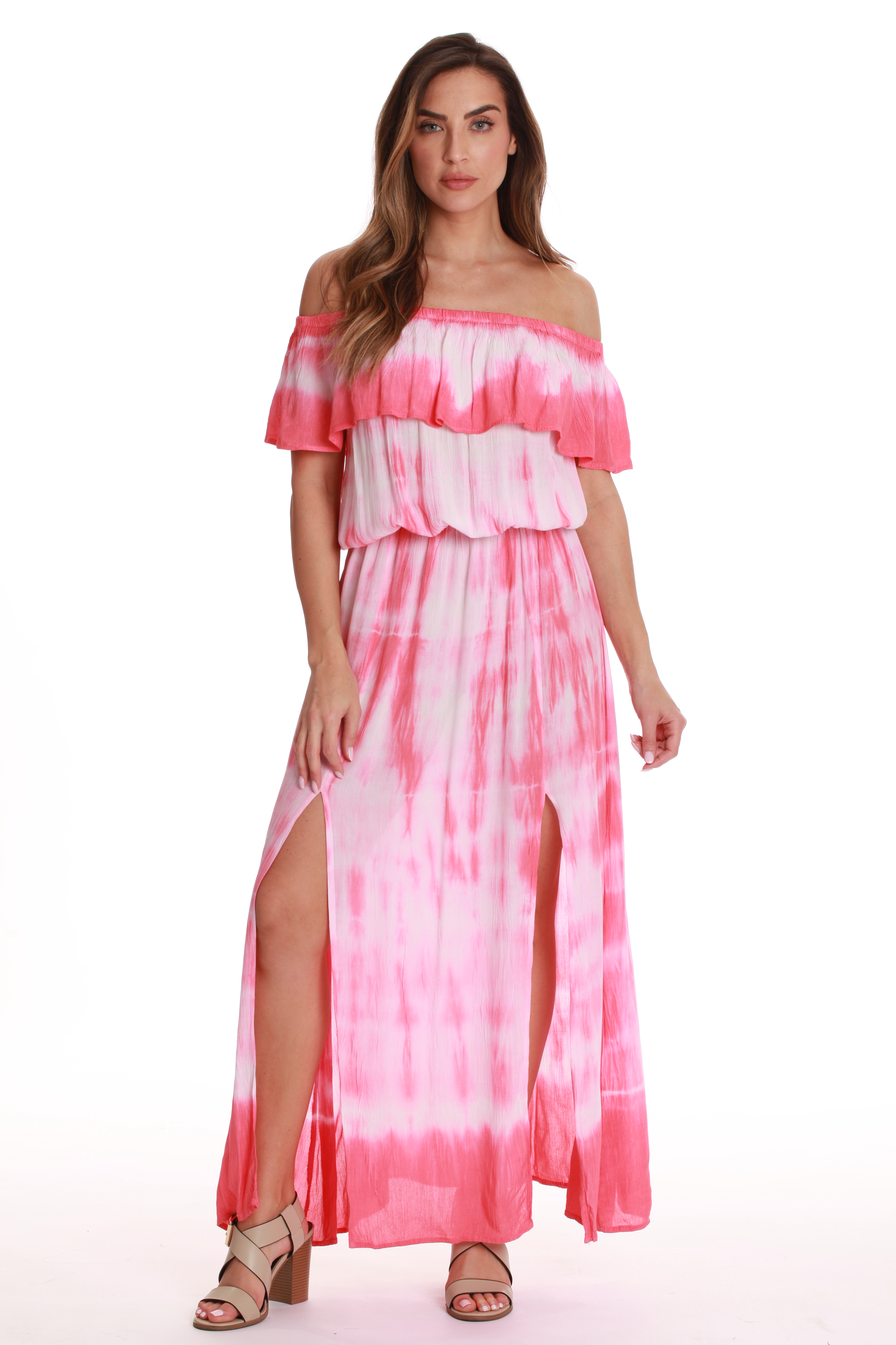 Riviera Sun Tie Dye Off Shoulder Maxi Sundress (Large, Raspberry ...