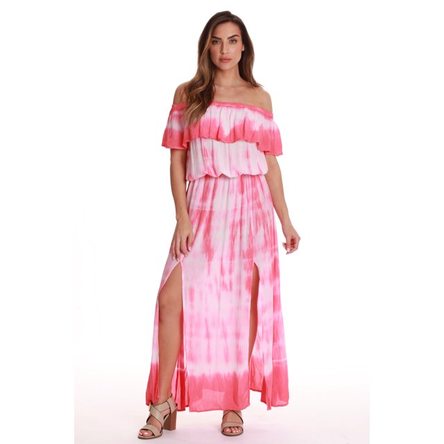 Riviera Sun Tie Dye Off Shoulder Maxi Sundress (Large, Raspberry ...
