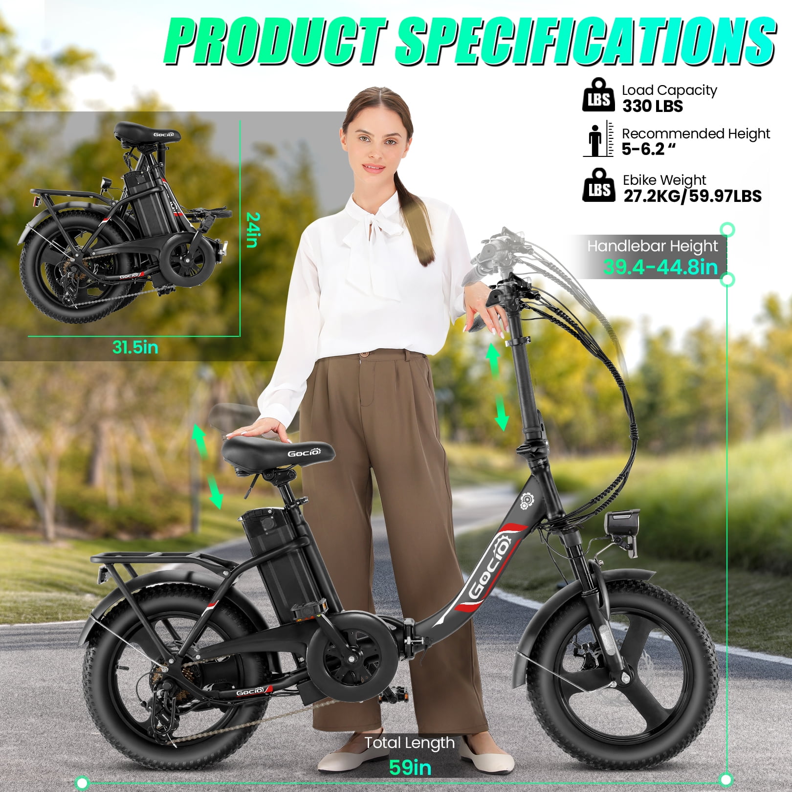 Gocio 16 350W Foldable Electric Mountain Bike with 3.0 Fat Tire, 48V Battery & 7 Speed Gears in ...