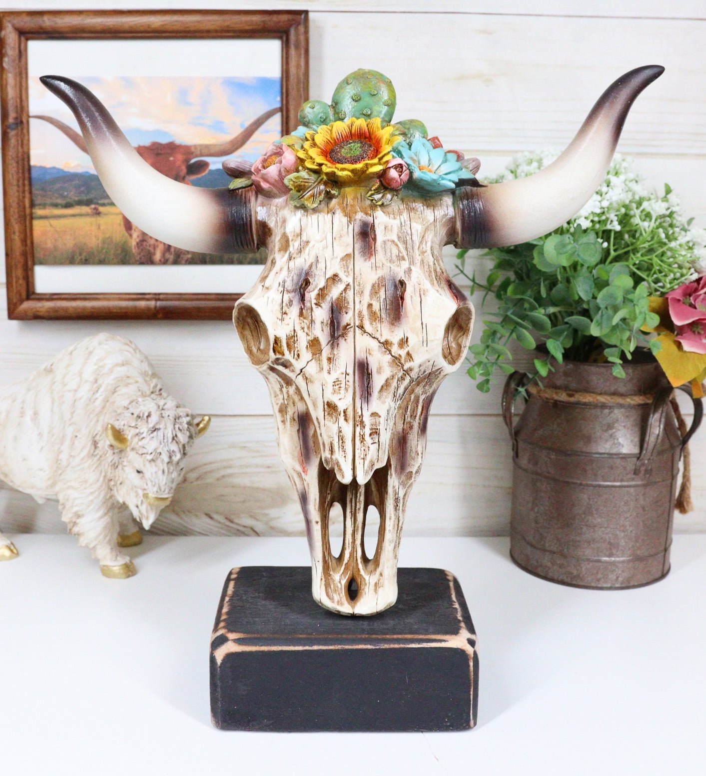 Rustic Western Faux Distressed Wood Bull Cow Skull With Floral ...