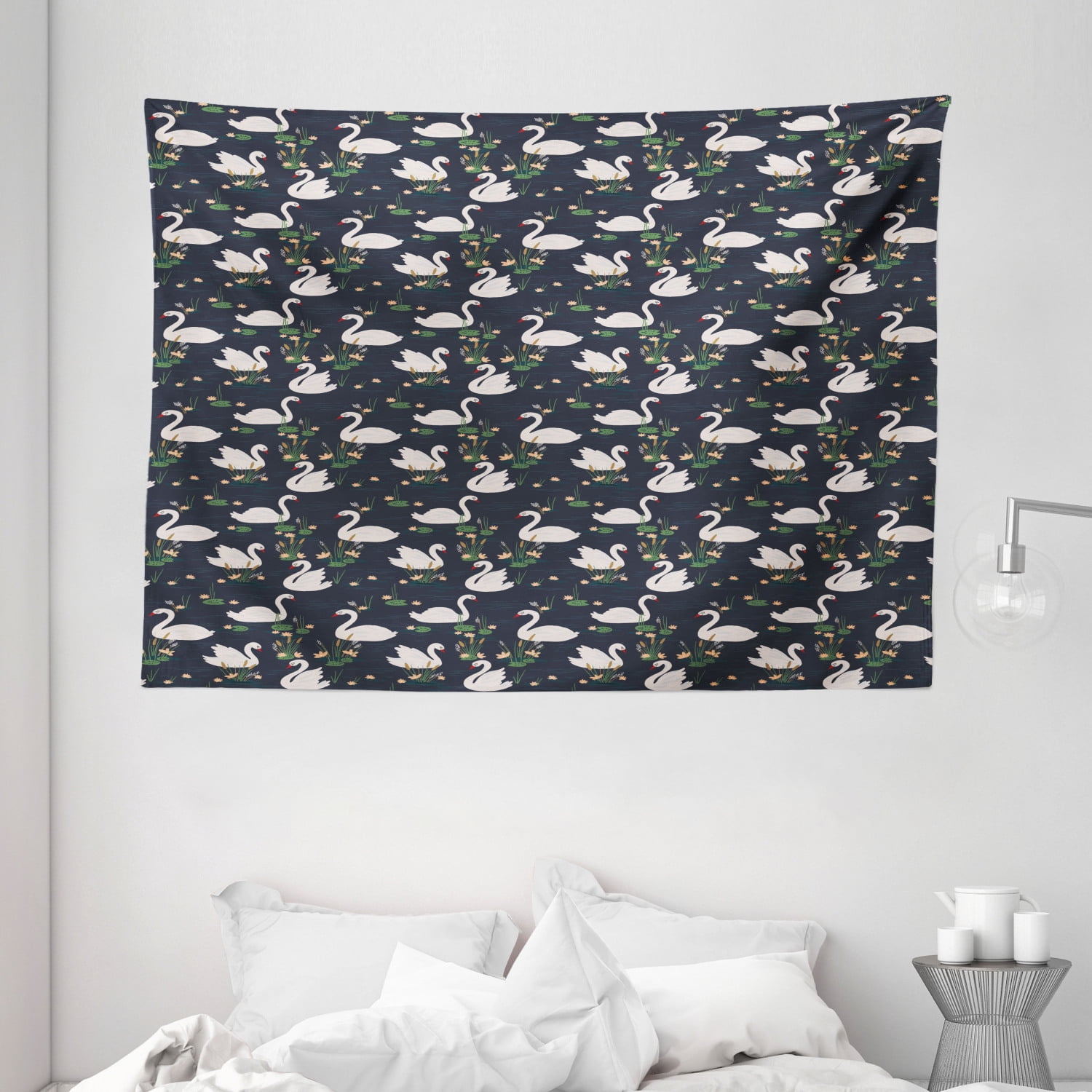 Swan Tapestry, Pond Lilies and Cattails Growth with White Waterfowls on ...