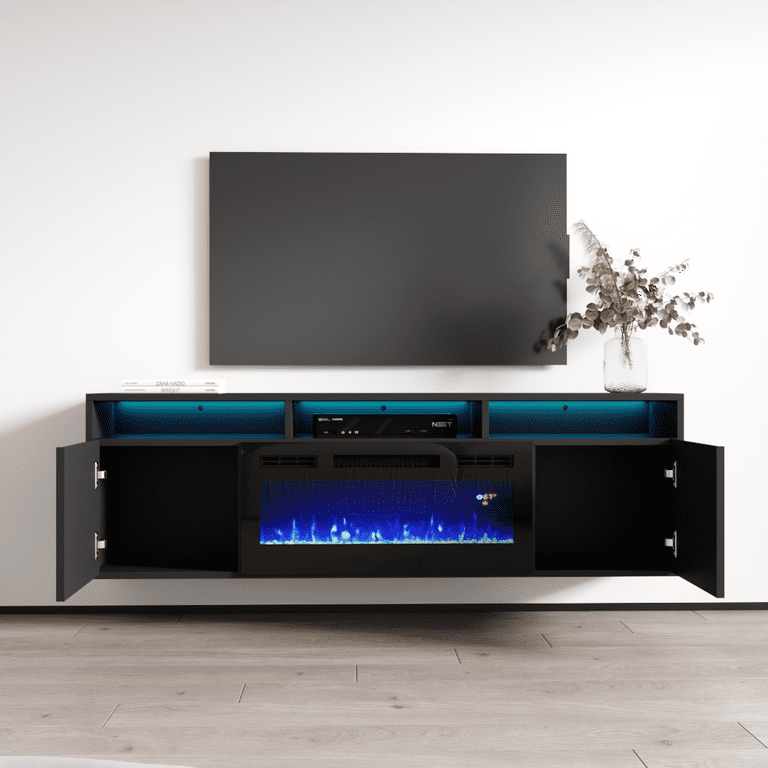 Giza BL EF Floating Fireplace TV Stand for TVS Up to 70 inch Modern High Gloss 63 inch Entertainment Center Wall Mounted Electric Fireplace TV Media