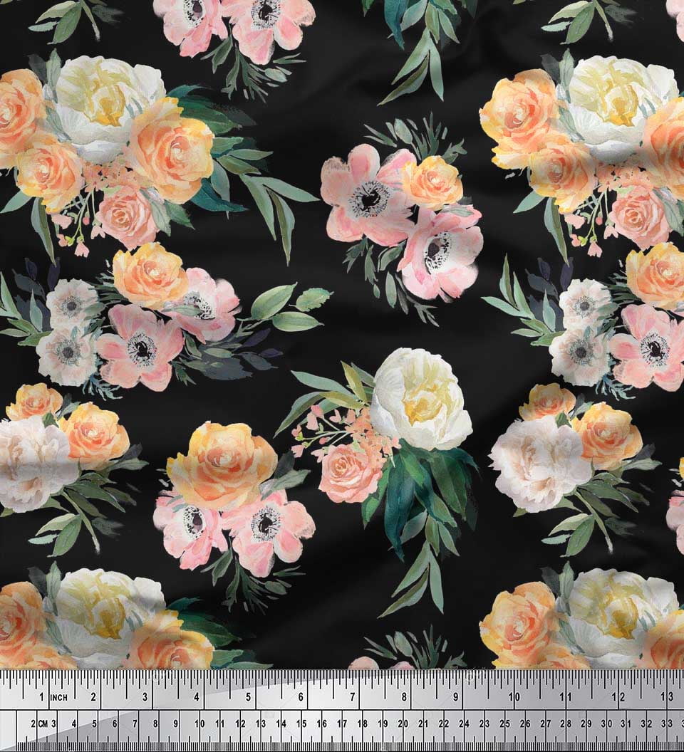 Soimoi Black Heavy Satin Fabric Anemone & Begonia Floral Print Fabric ...