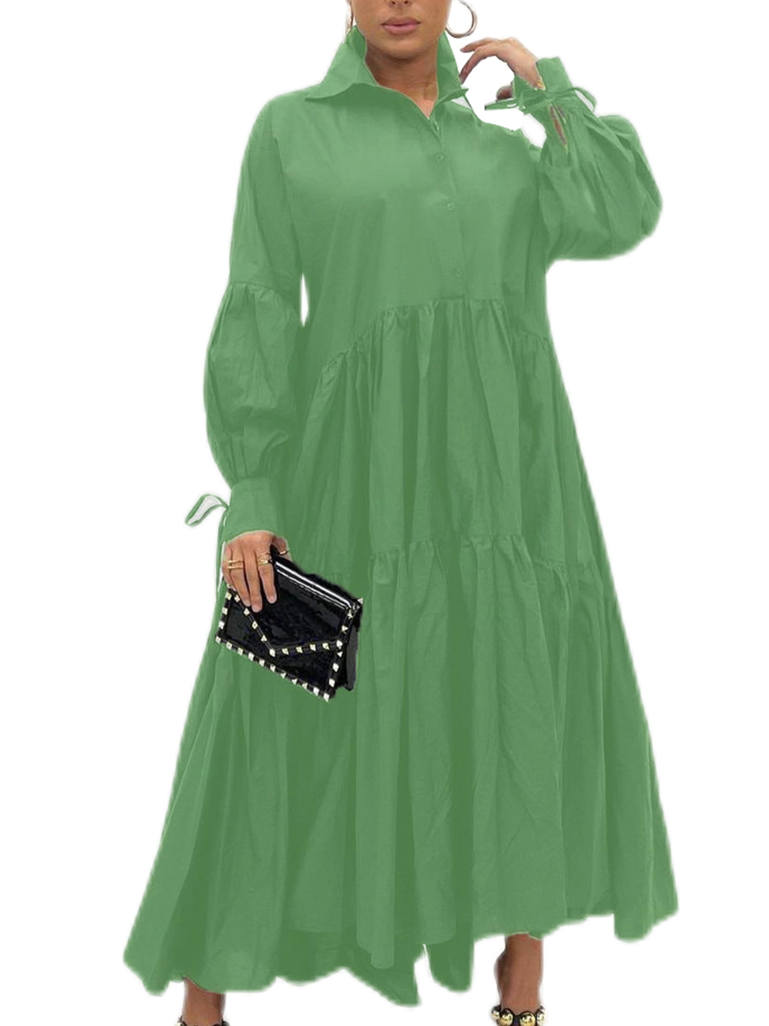 Frontwalk Women Drawstring Plain Maxi Dresses Long Sleeve Kaftan Shirt ...