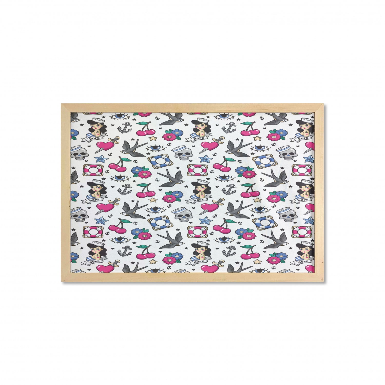 Colorful Wall Art with Frame, Cartoon Illustrated Skulls Hearts Flowers ...