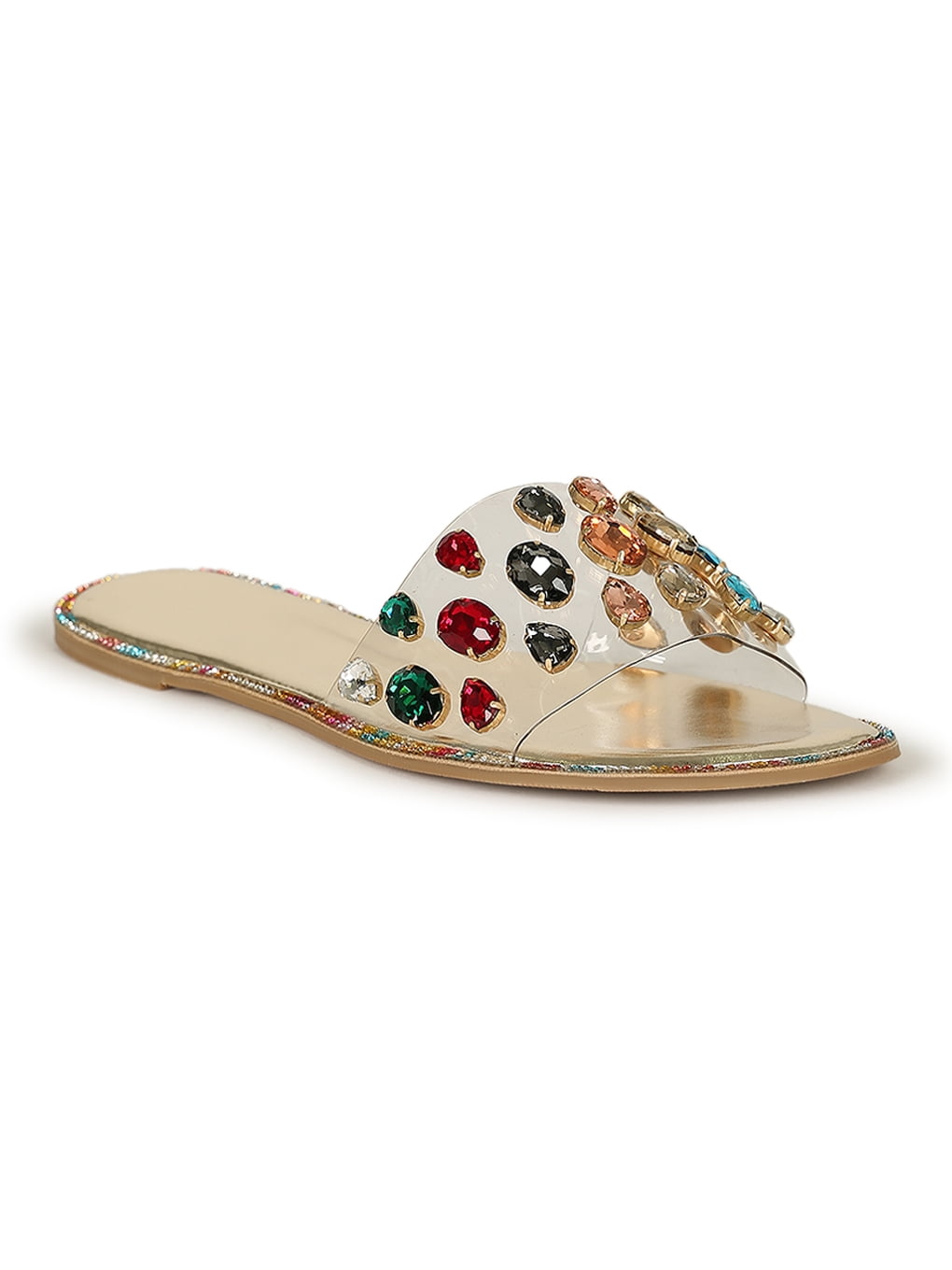 Pazzle Jewel Embellished Rhinestone Trim Flat Slide Sandal 20301 ...