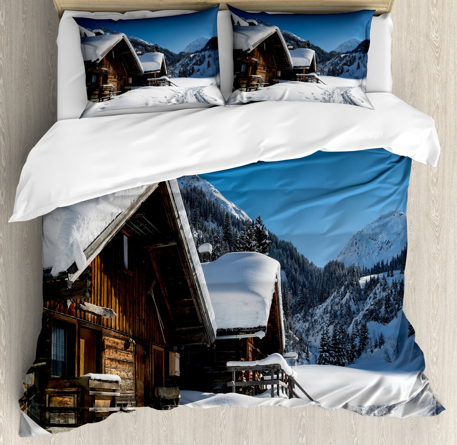Winter King Size Duvet Cover Set, Wooden Houses on Austrian Mountains ...