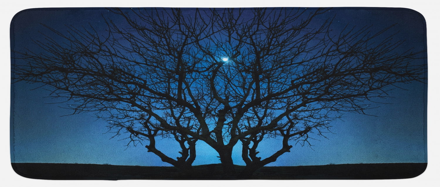 Navy Blue Kitchen Mat, Tree Under Clear Night Sky with Moon and Stars ...