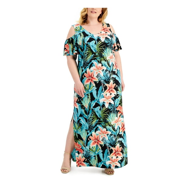 Connected Apparel Womens Coral Stretch Cold Shoulder Slitted Printed