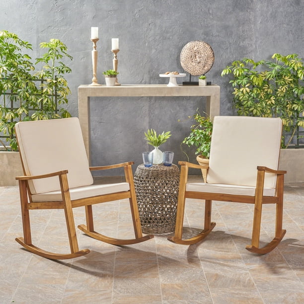 Outdoor Acacia Wood Rocking Chair with Cushions,Teak,Cream - Walmart.com