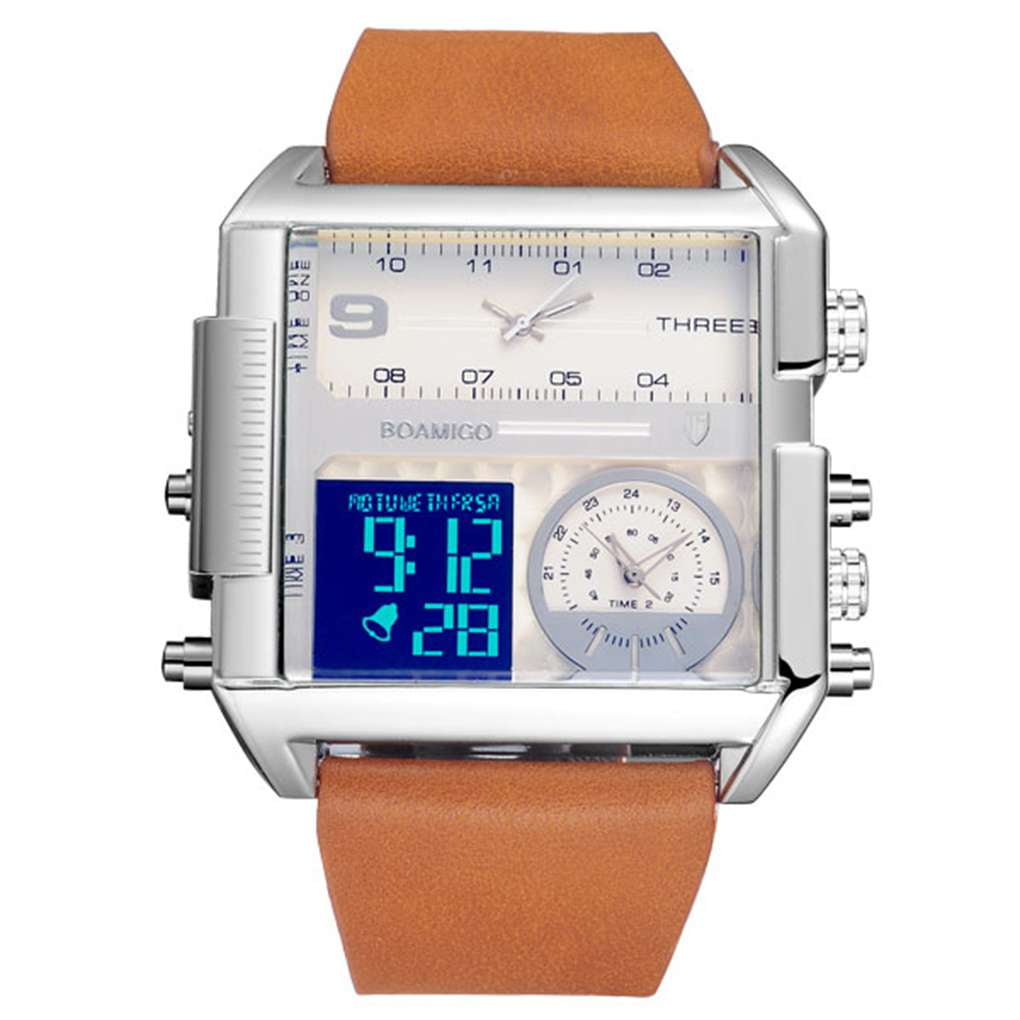 BOAMIGO Men Boys Sports Watches 3 Time Zone Leather Rectangle Male ...