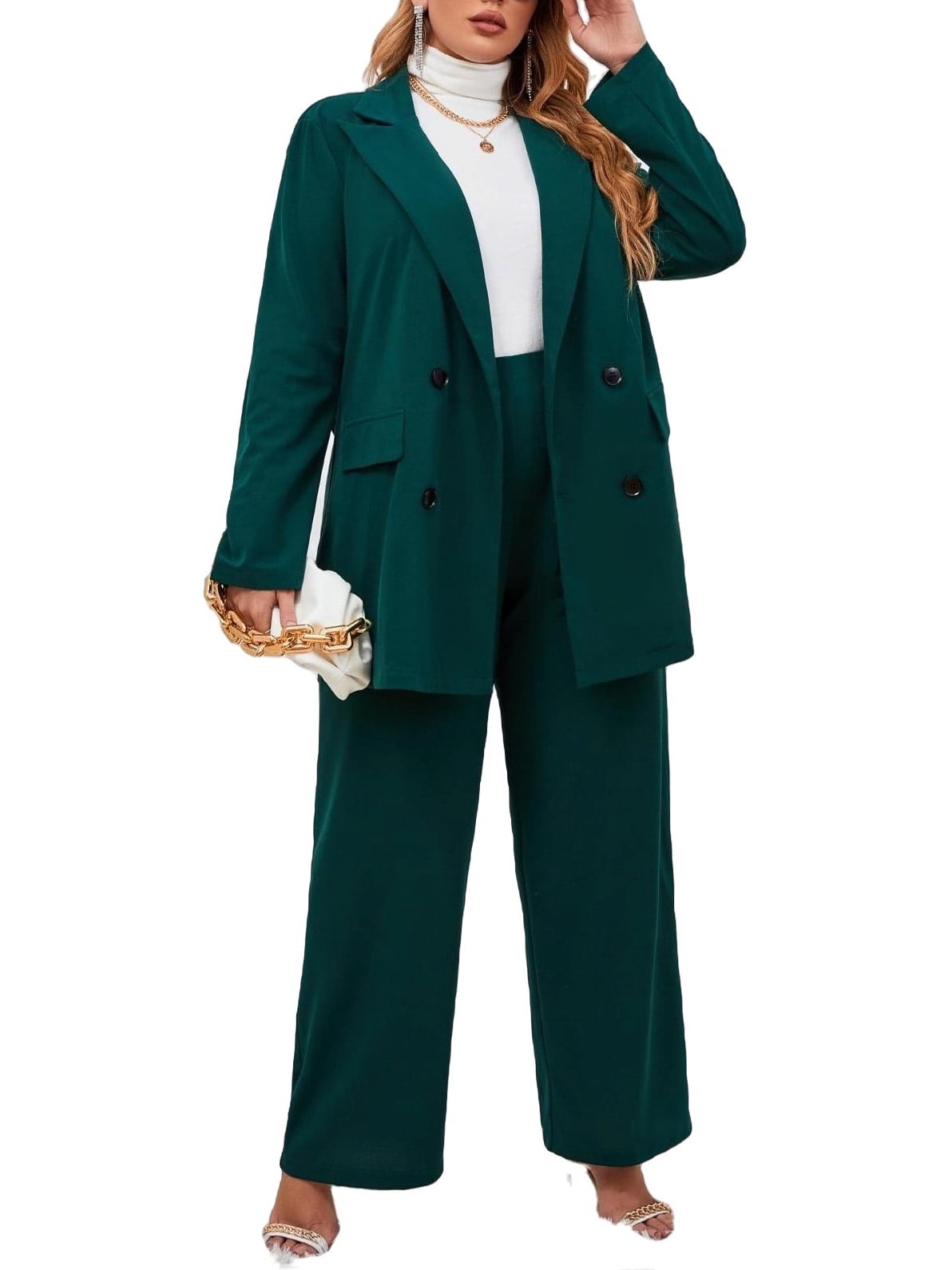 Elegant Solid Lapel Neck Long Sleeve Dark Green Plus Size Suit Sets elegant-solid-lapel-neck-long-sleeve-dark-green-plus-size-suit-sets