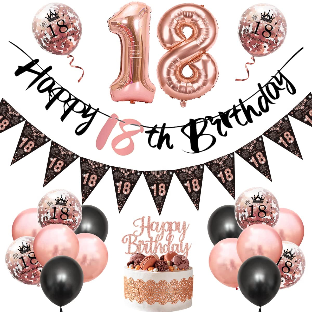 18th Birthday Decorations Girls, Rose Gold Black Decoration Set 18th ...