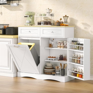 Arlopu Wooden Kitchen Pantry Storage, Double Tilt Out Trash Bin ...