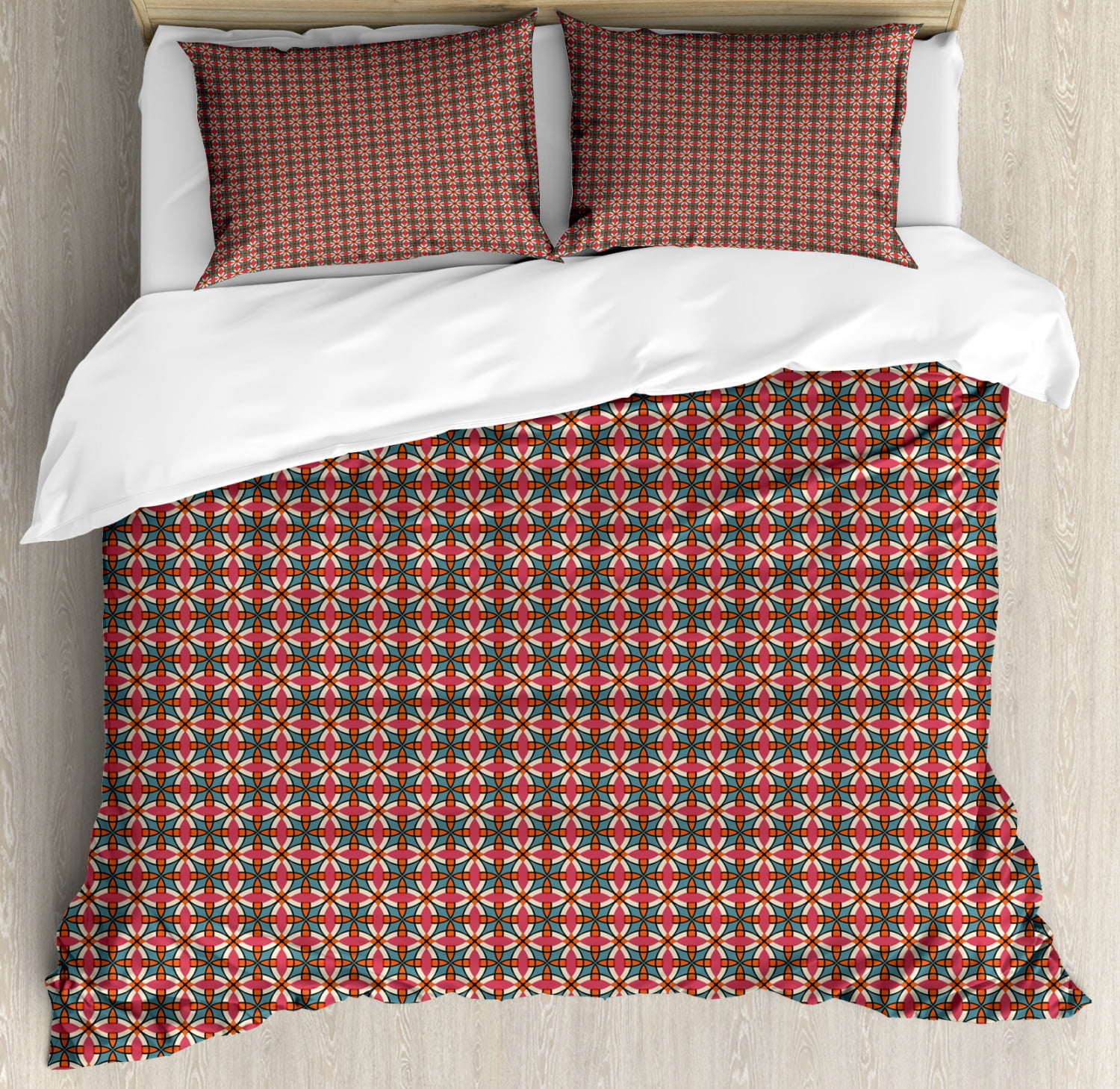 Retro Duvet Cover Set Queen Size, Illustrated Pattern with Abstract ...