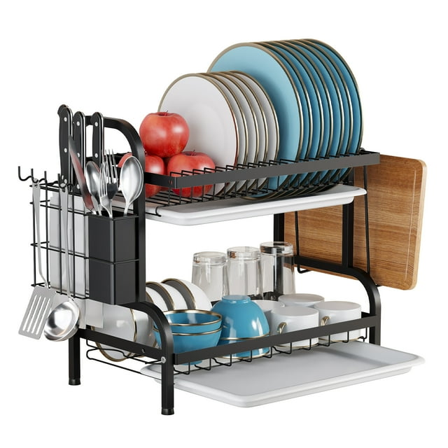 2-Tier Compact Kitchen Dish Rack , Rust-Proof Dish Drainer with Utensil ...