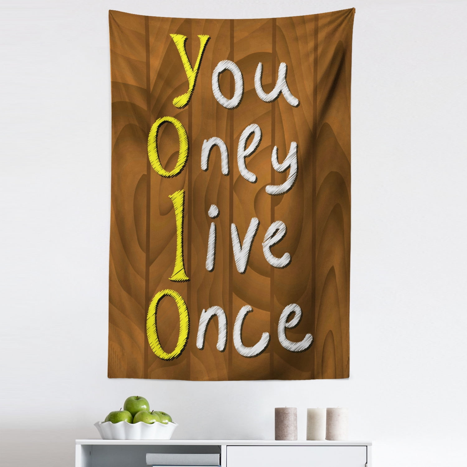 YOLO Tapestry, Cartoon Style Wooden Rustic Background with Meaningful ...