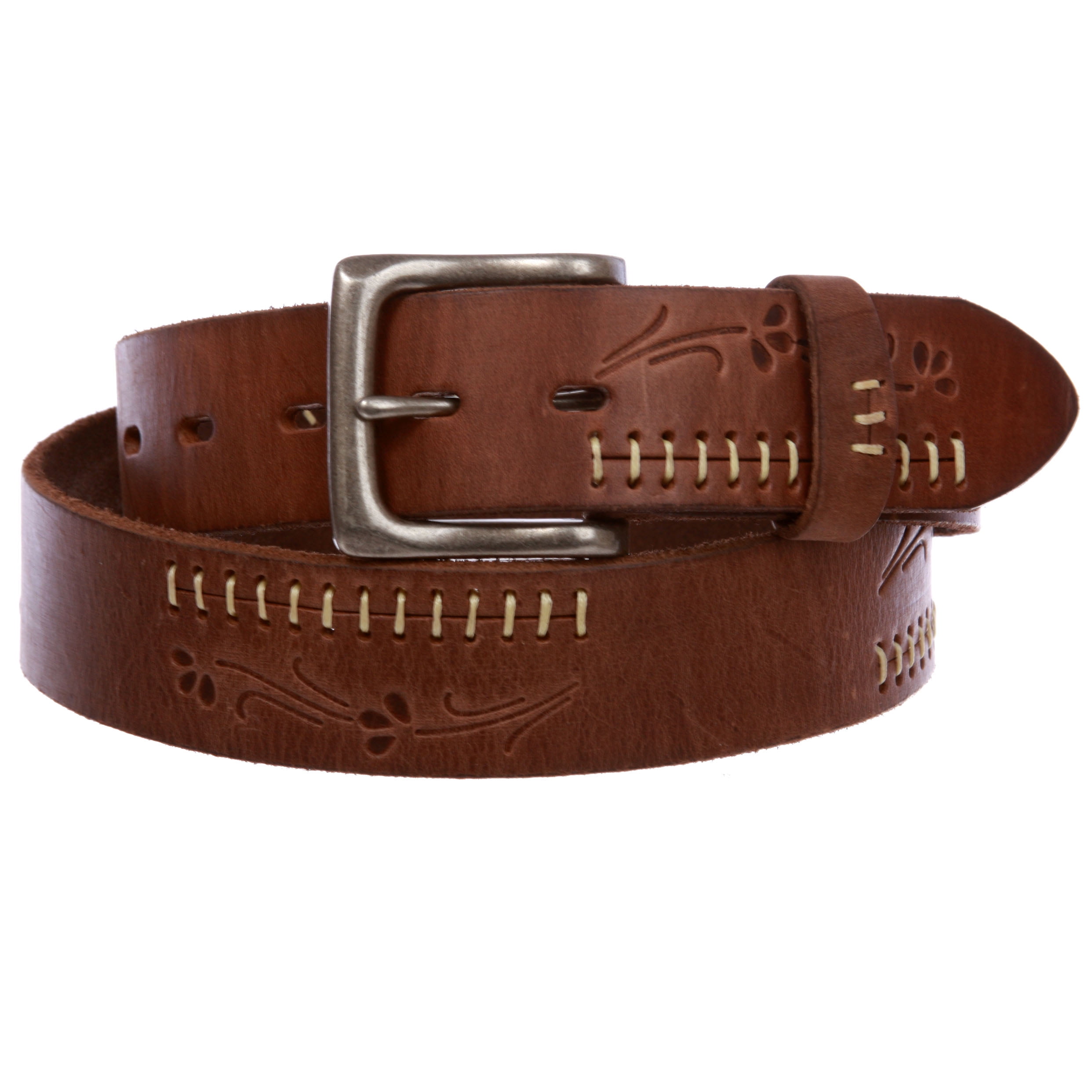 Snap On Floral Embossed Stitching Full Grain Leather Belt - Walmart.com