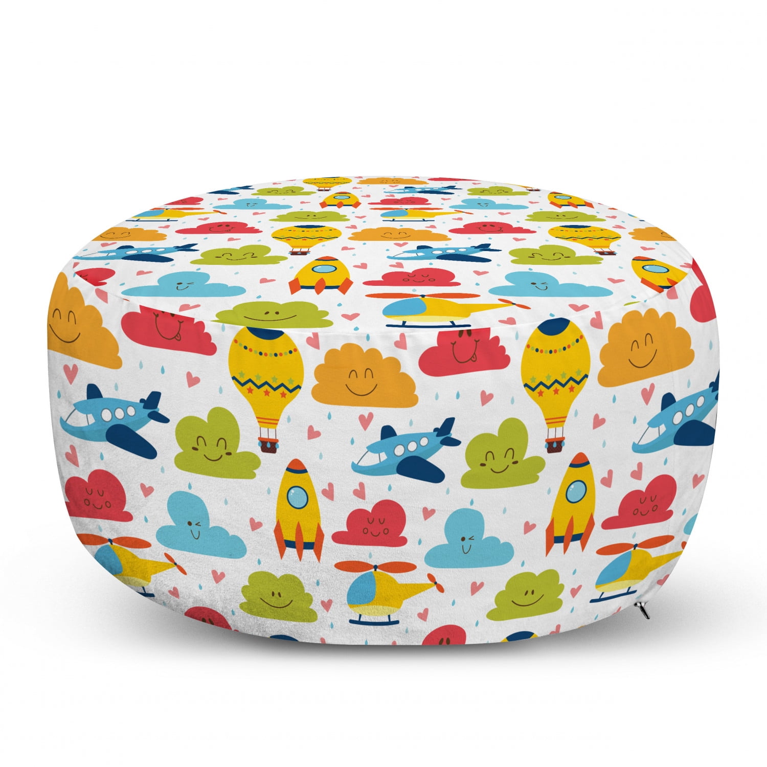 Cartoon Pouf Cover with Zipper, Clouds Balloon Airplane and Rocket Air ...