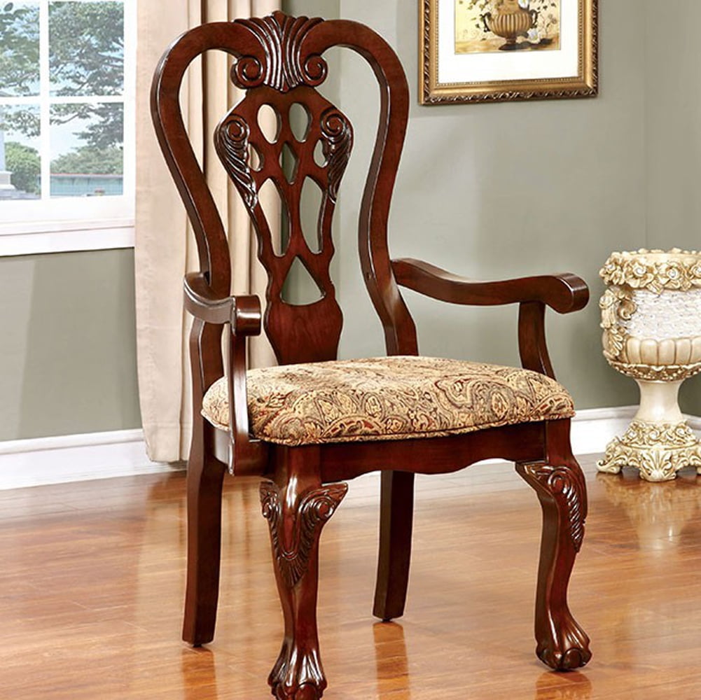 Traditional Arm Chair With Fabric, Brown Cherry Finish, Set Of 2 ...