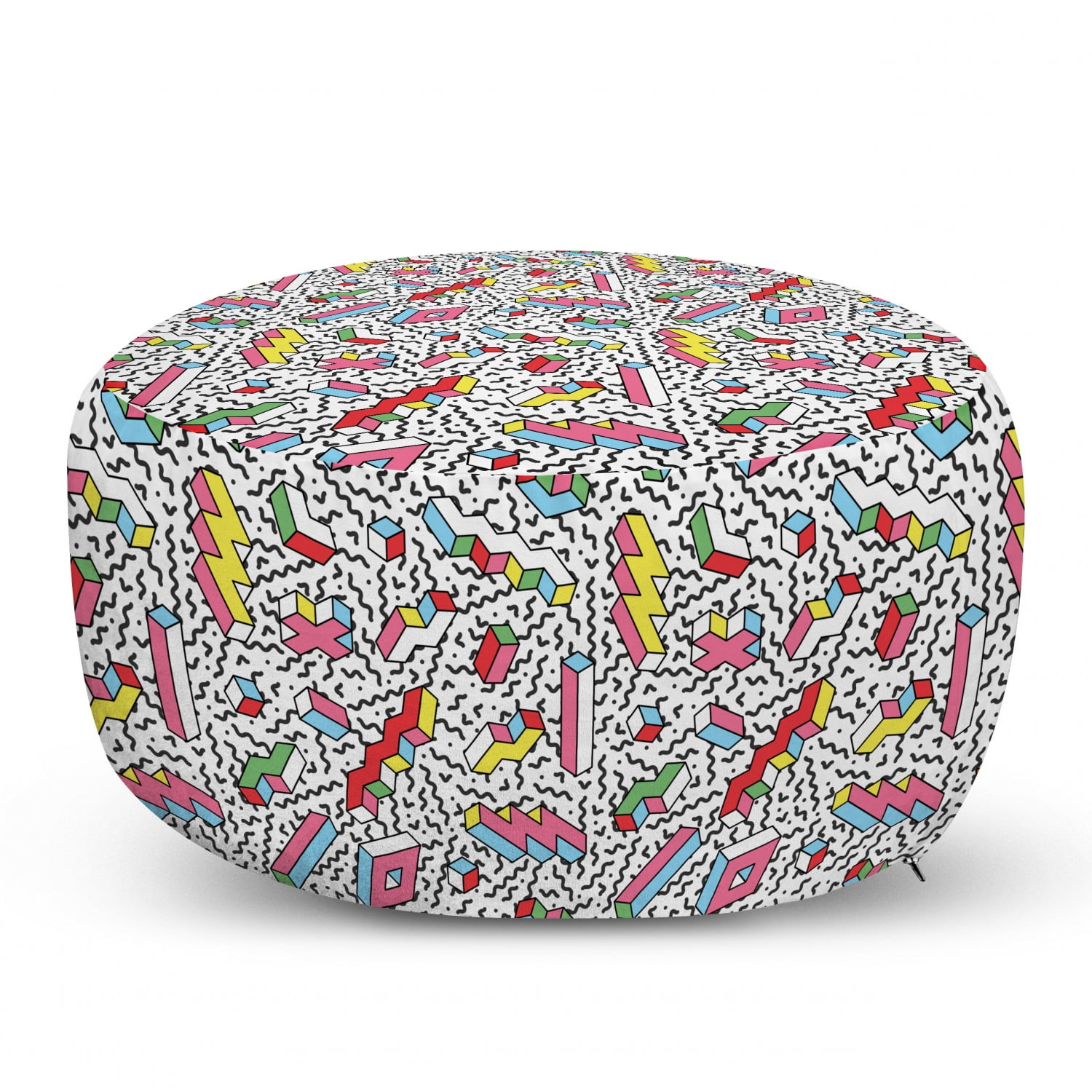 Funky Pouf Cover with Zipper, Memphis Pattern with Mosaic 3D Shapes ...