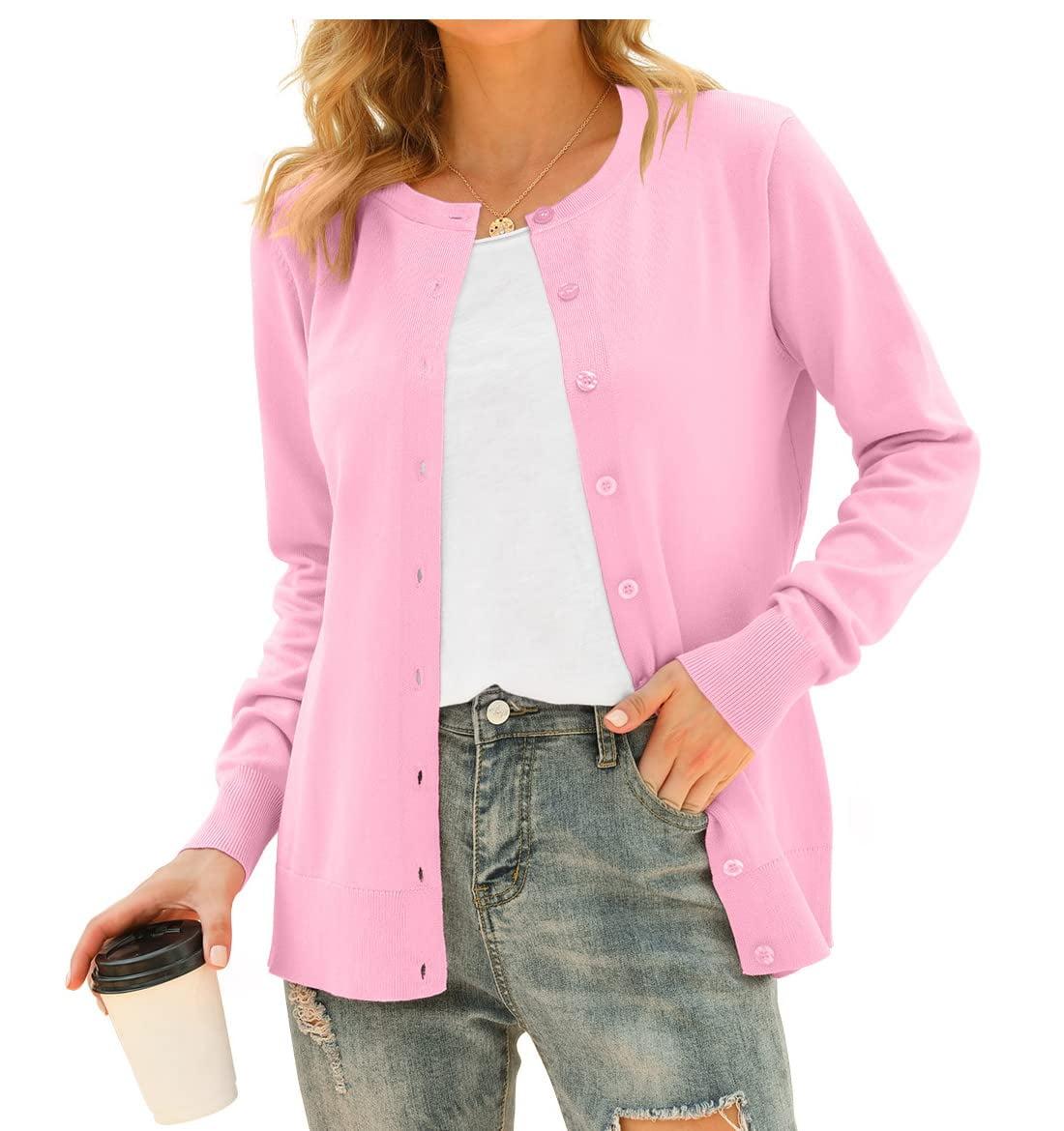 Aiyino Womens Long Sleeve Button Down Crew Neck Classic Sweater Knit