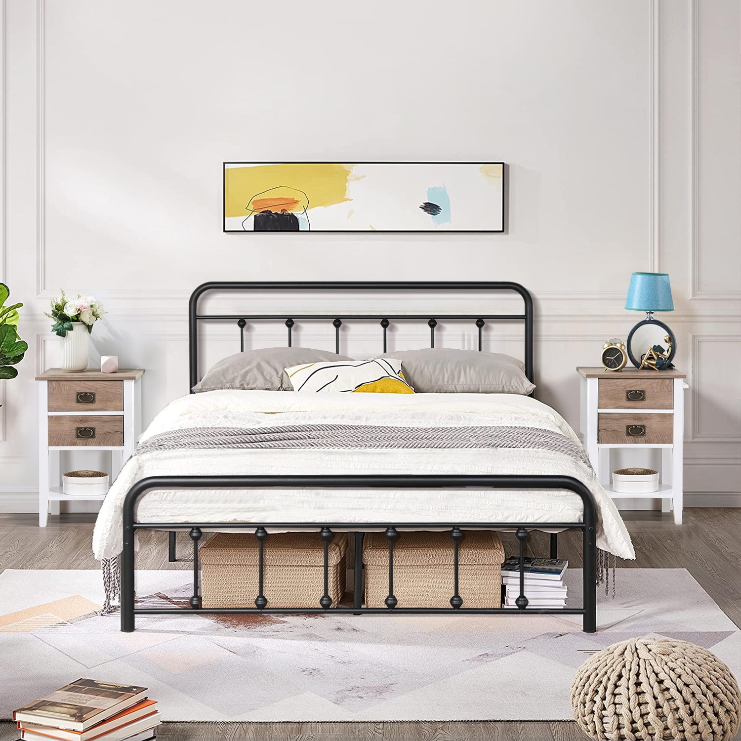 VECELO 3-Piece Bedroom Set with Full Metal Bed Frame and 2 Oak ...