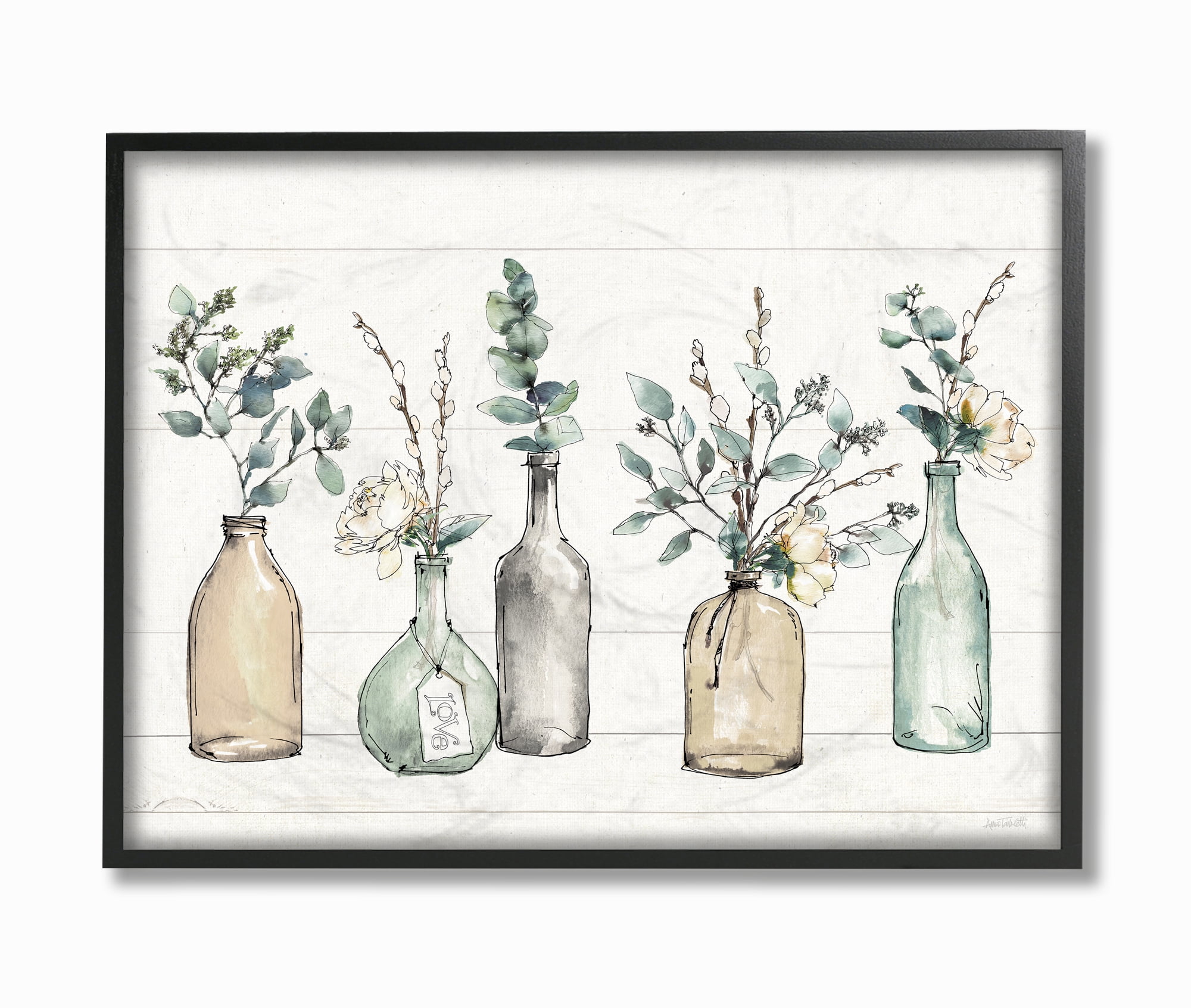 Stupell Industries Bottles And Plants Farm Wood Textured Design Framed ...