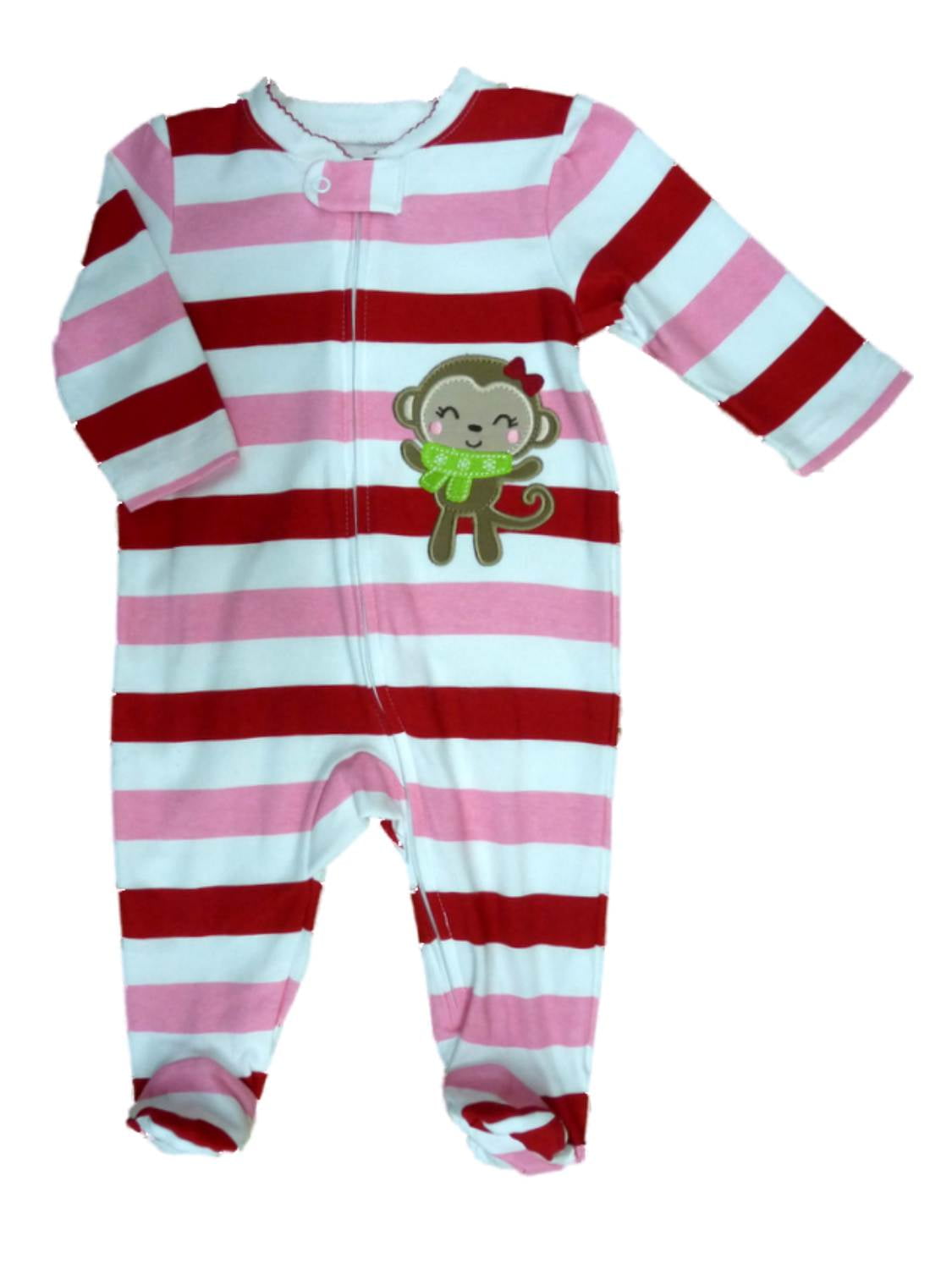 Infant Girls Pink & Red Striped Monkey Blanket Sleeper Pajamas Sleep ...