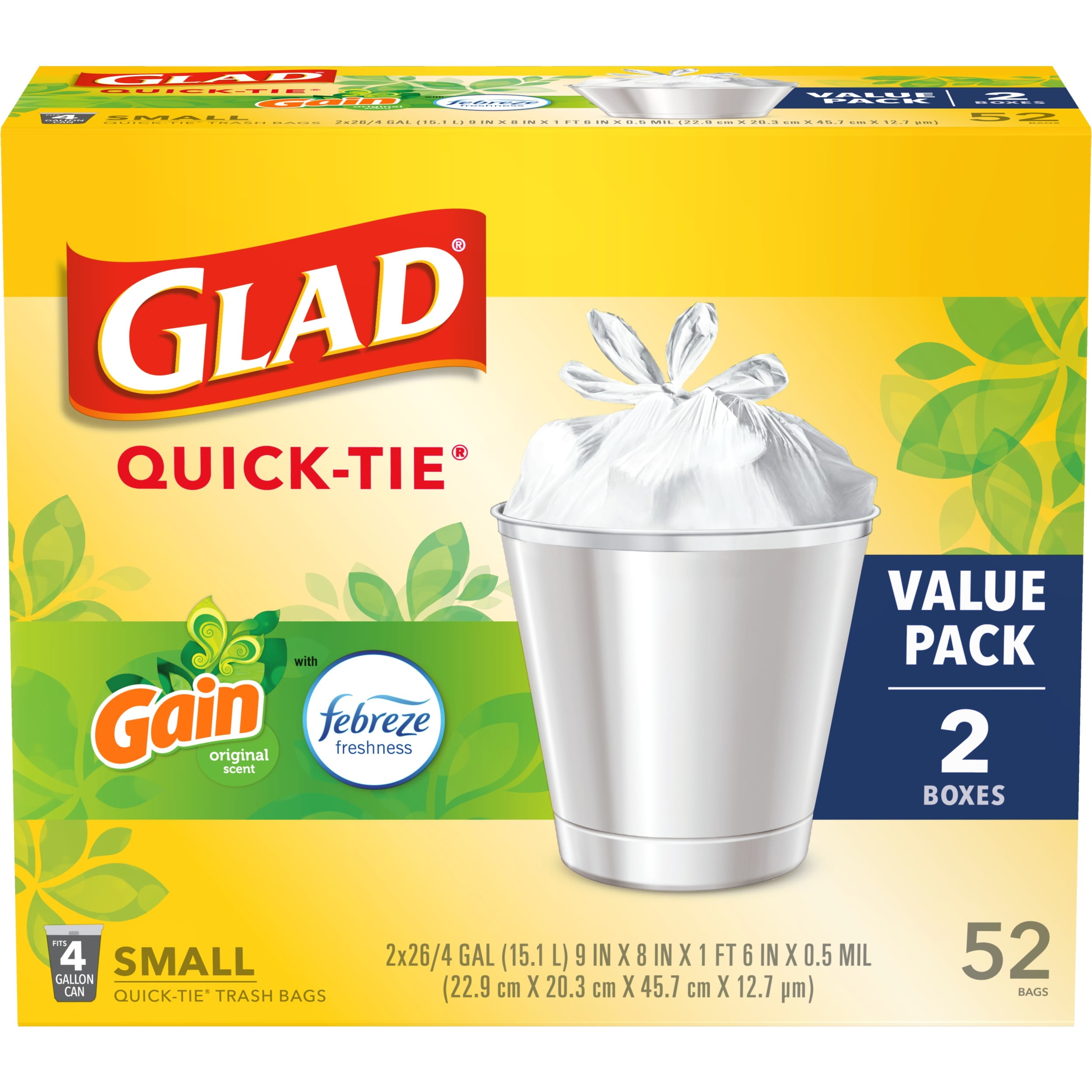 Glad Small Trash Bags, 4 Gallon, 52 Bags (OdorShield, Quick Tie, Gain ...