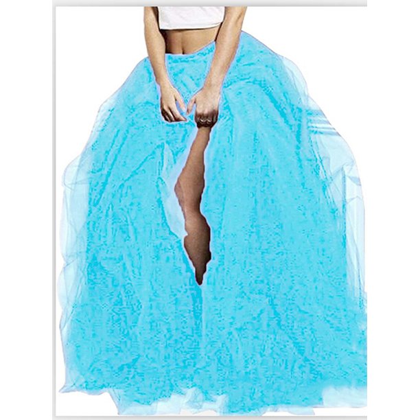 Women Hi Slit Tutu Maxi Dress Tulle Ruffle Mesh Lace Long Skirt Layered ...
