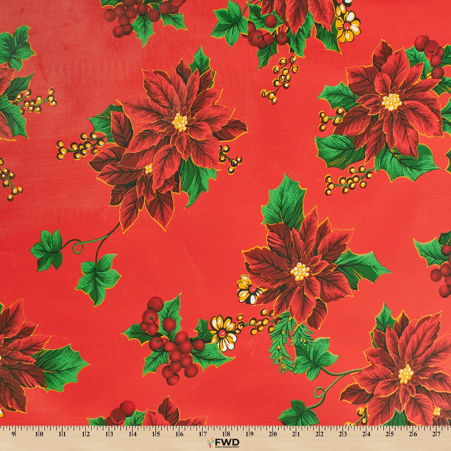 Holly Poinsettia Oilcloth Fabric - Water-Resistant PVC Poly Cotton 54 ...