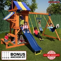 Sportspower Roswell Wooden Swing Set with 2 Swings, Trapeze, Play Fort ...