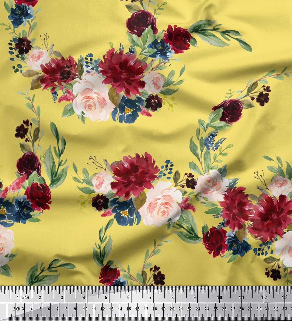 Soimoi Yellow Rayon Fabric Ranunculus & Penoy Floral Print Print Fabric ...