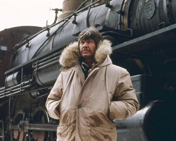 Charles Bronson wears parka on set by train Breakheart Pass 16x20 ...
