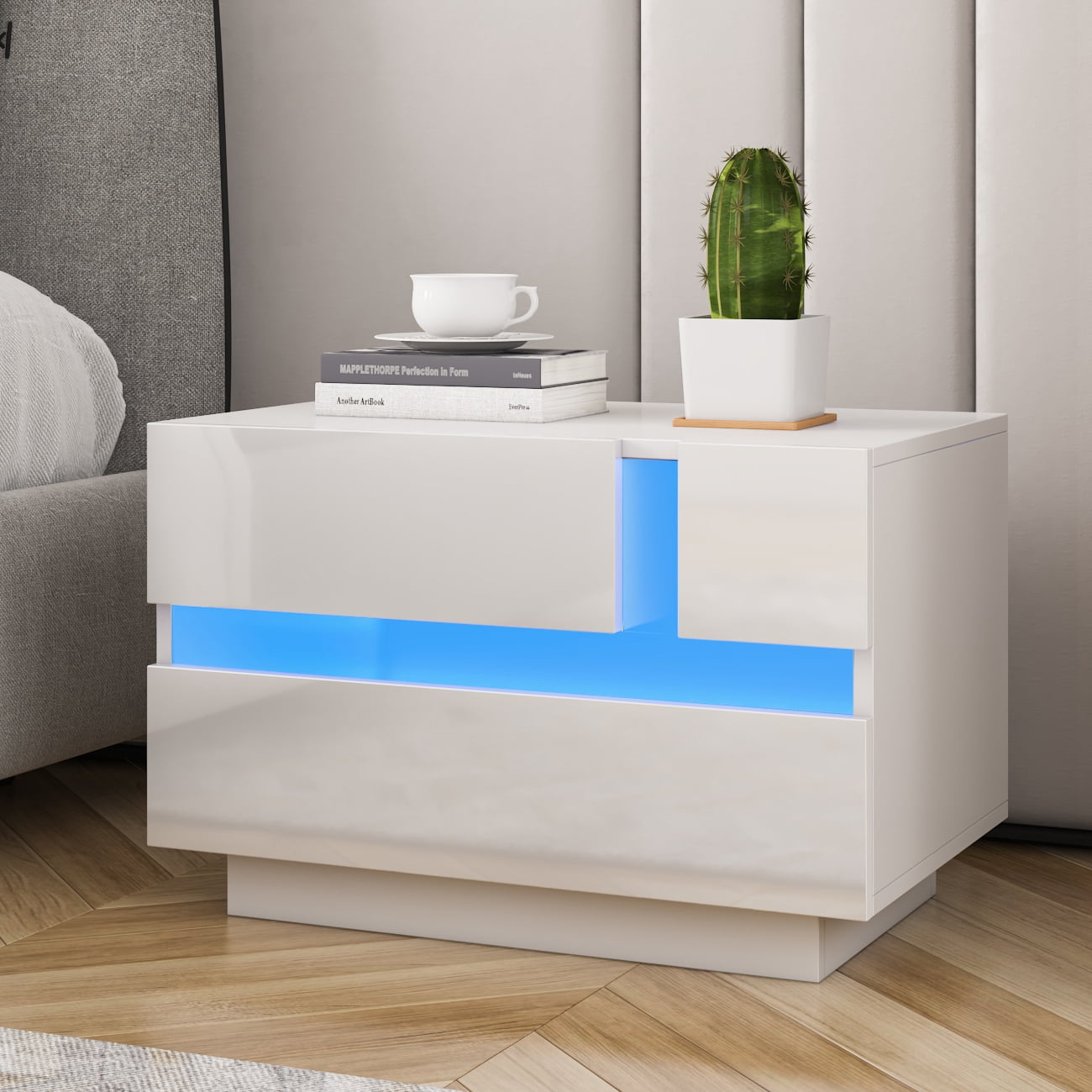 Hommpa LED Nightstand Modern Bedroom Bedside Table with 2 Drawers Wood ...