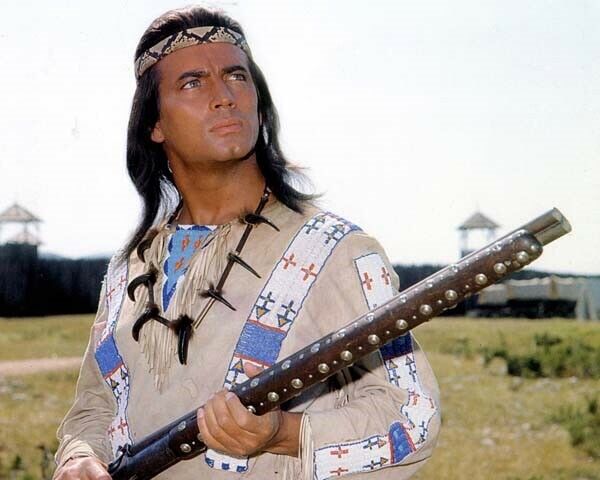 Pierre Brice as Winnetou holding rifle Karl May western classic 24x30 ...