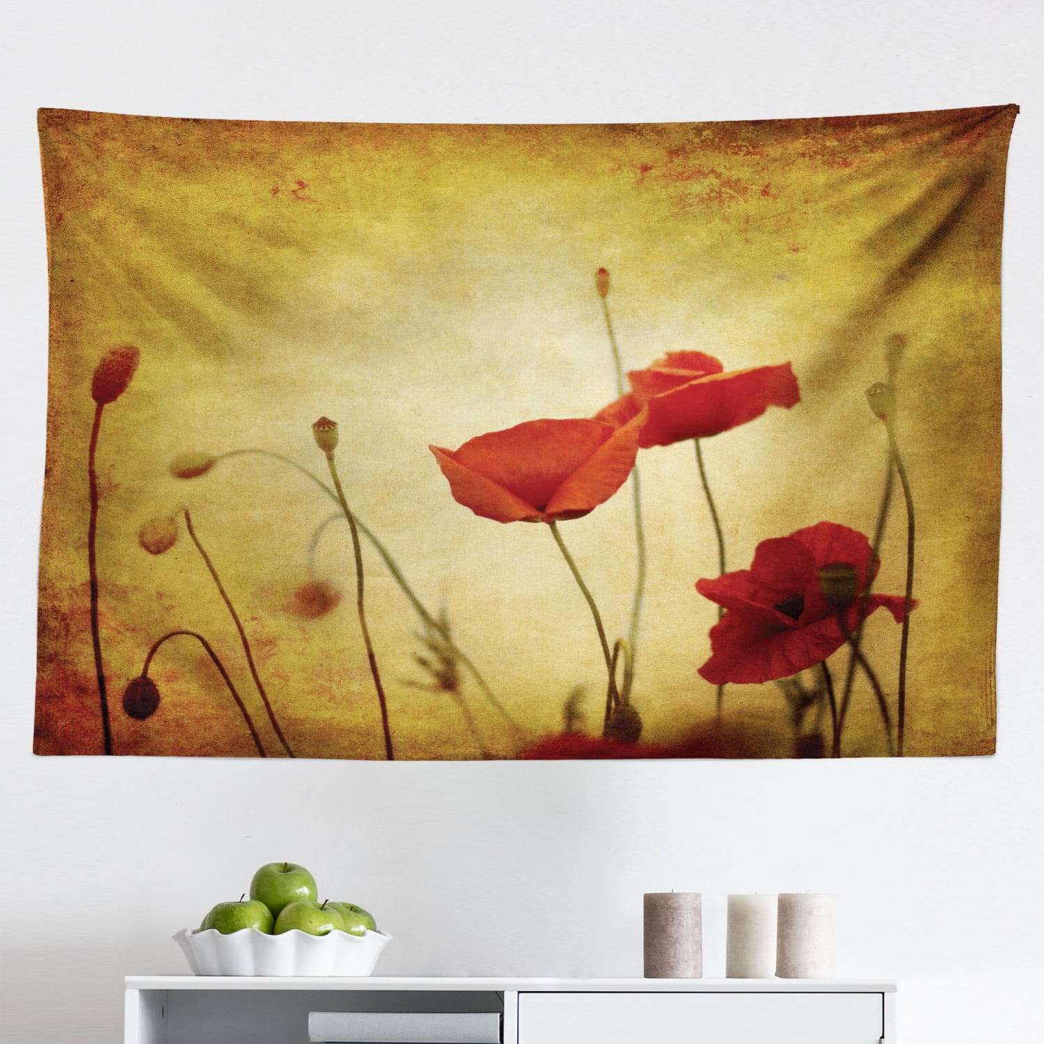 Poppy Flower Tapestry, Meadow with Poppies and Rainbow Reflection in ...