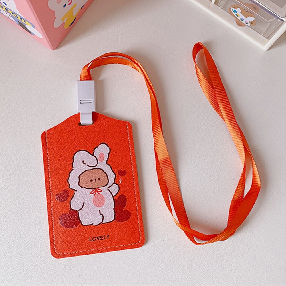 Girls Portable Bank Card Thin Leather Bear Bus Card Cover Lanyard Card ...