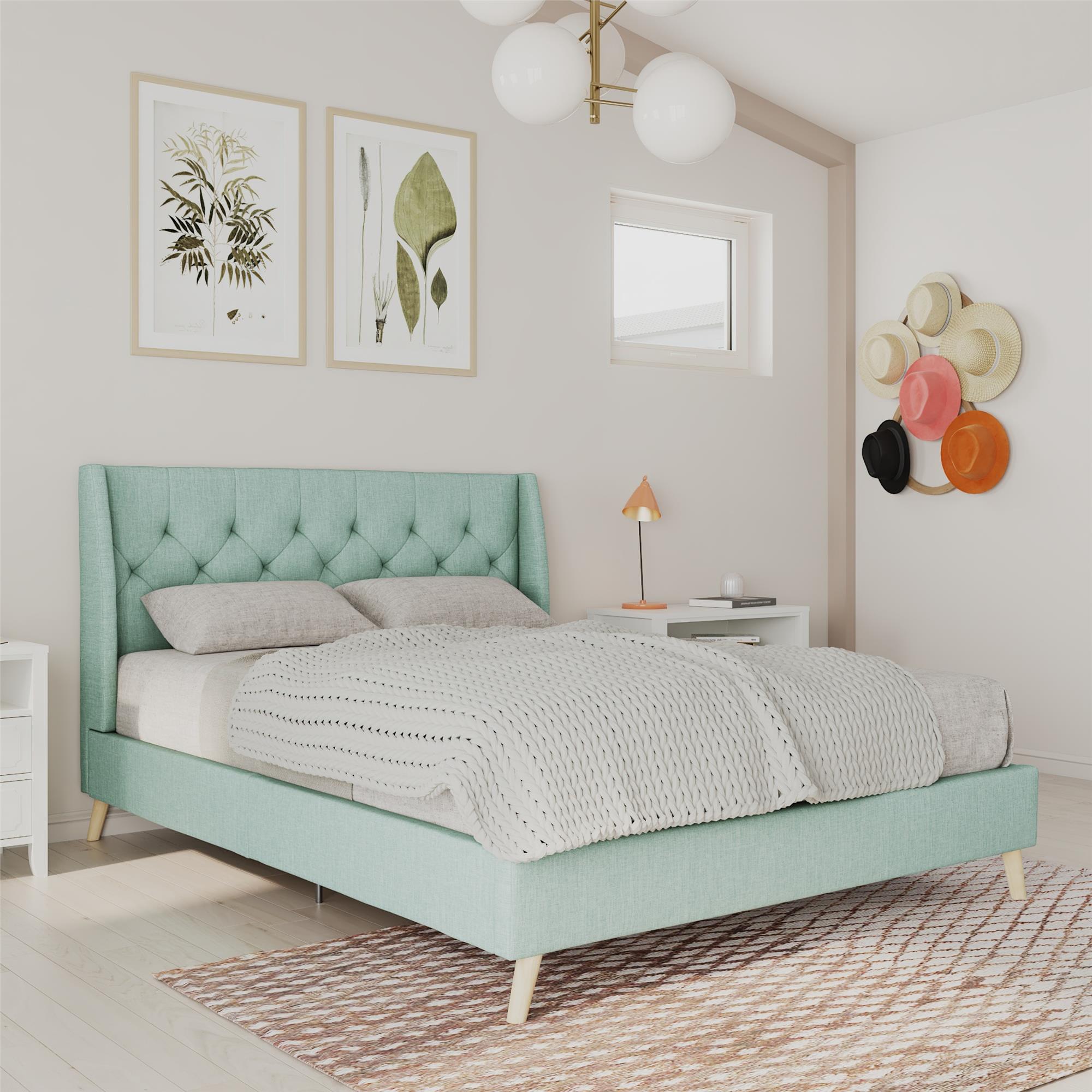 Novogratz Her Majesty Tufted Upholstered Bed Frame, Queen, Light Green ...