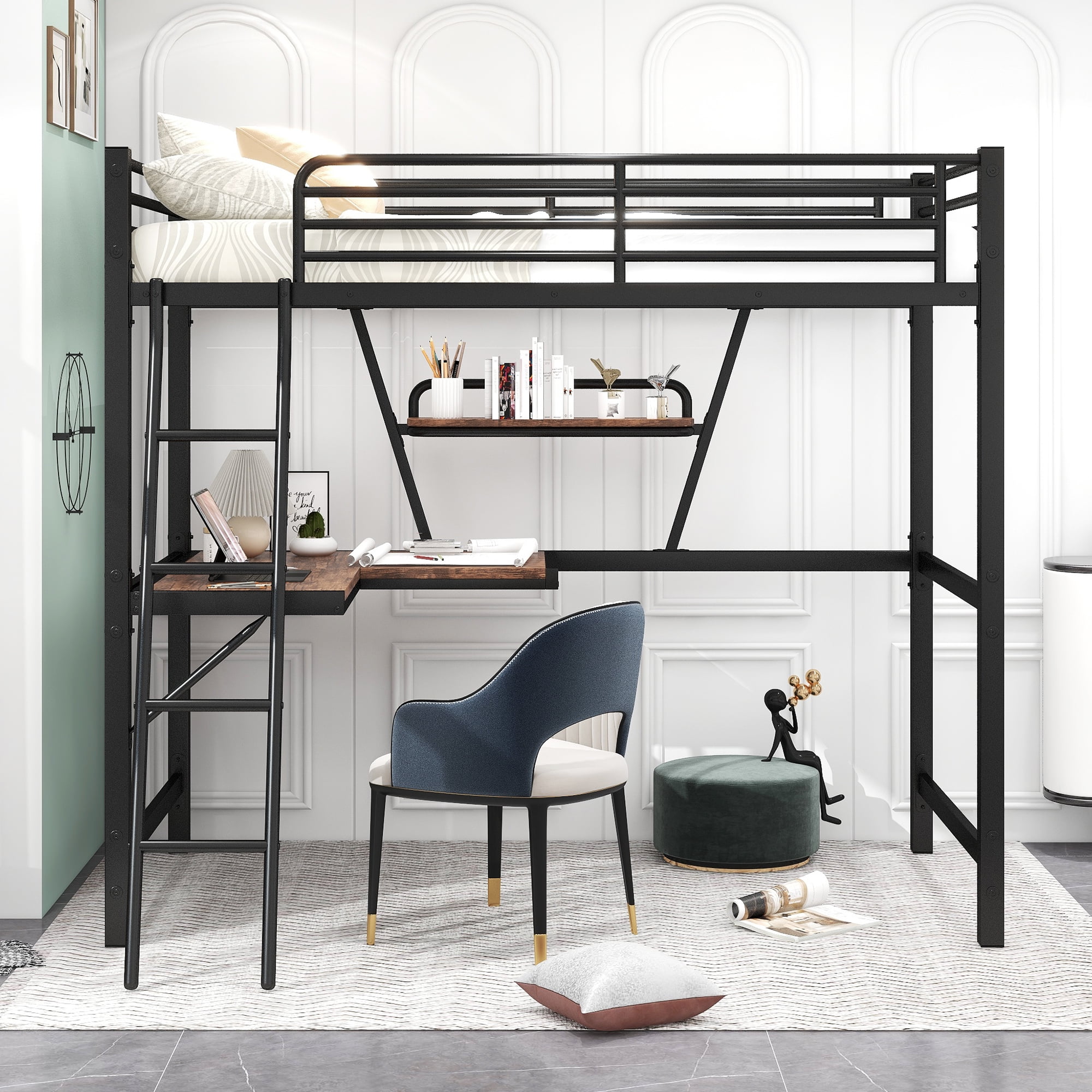 Twin Size Loft Metal&MDF Bed with Long Desk and Shelf, Multifunctional ...