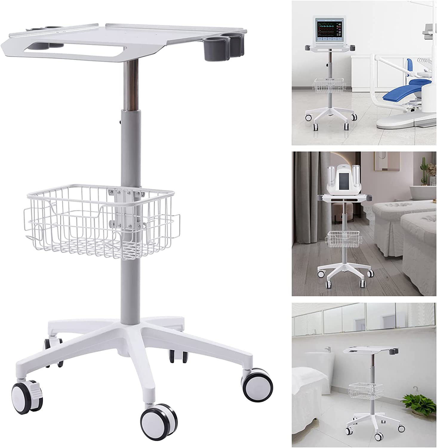 Miumaeov Height Adjustable Mobile Trolley Cart Medical Rolling Cart W ...
