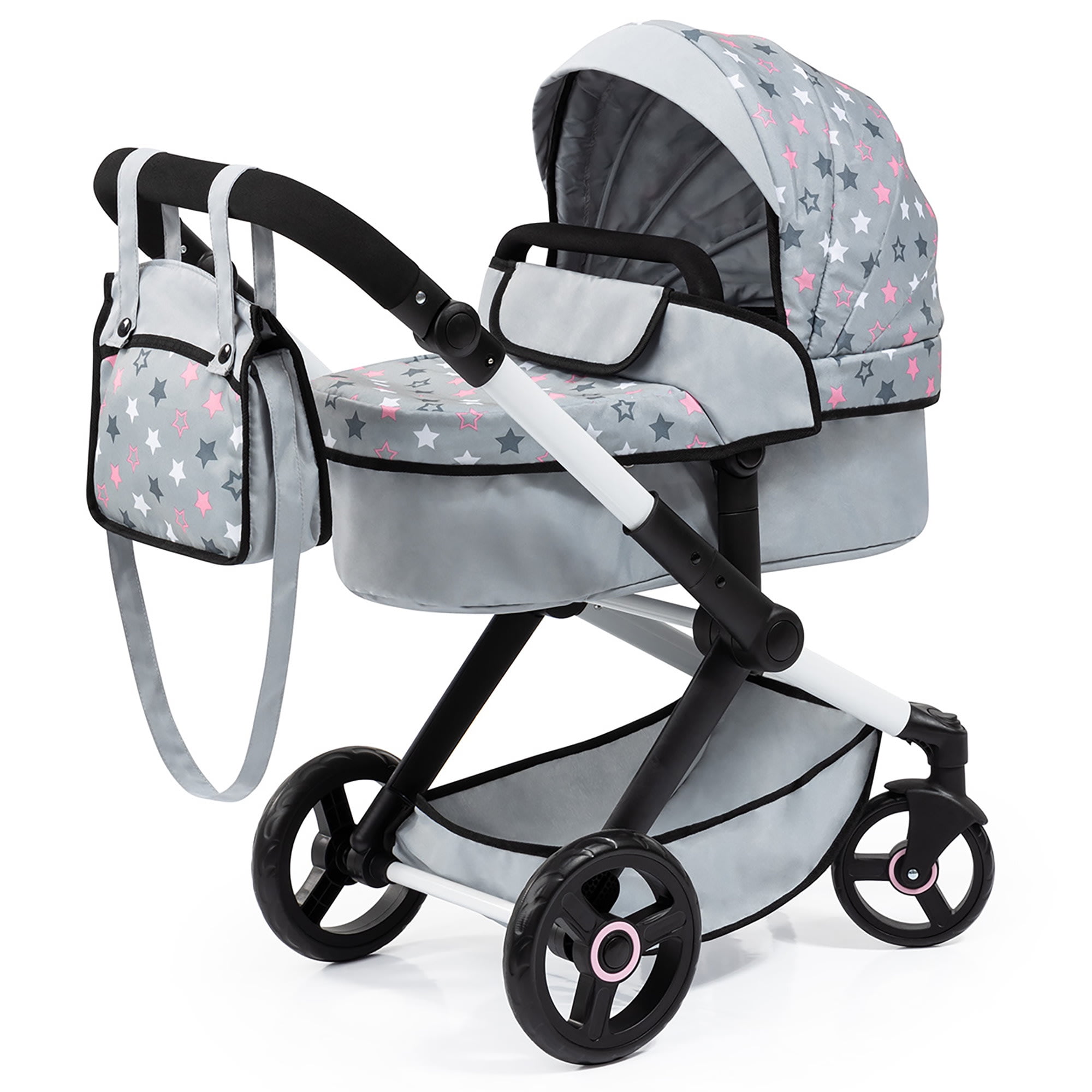 Bayer Design Doll Pram - Grey/Pink Stars - W/ Shoulder Bag, Fits Dolls ...