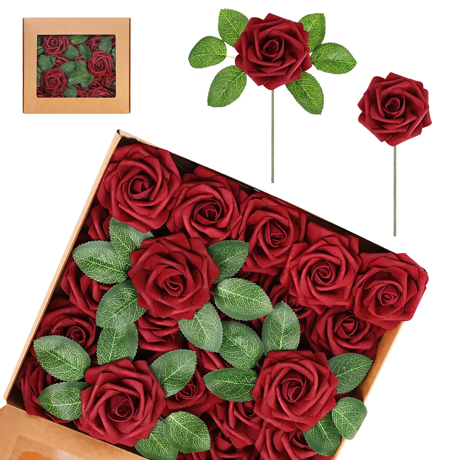 Fake Flowers with Leaves and Stems, 25 Pcs Dark Wine Red Artificial ...