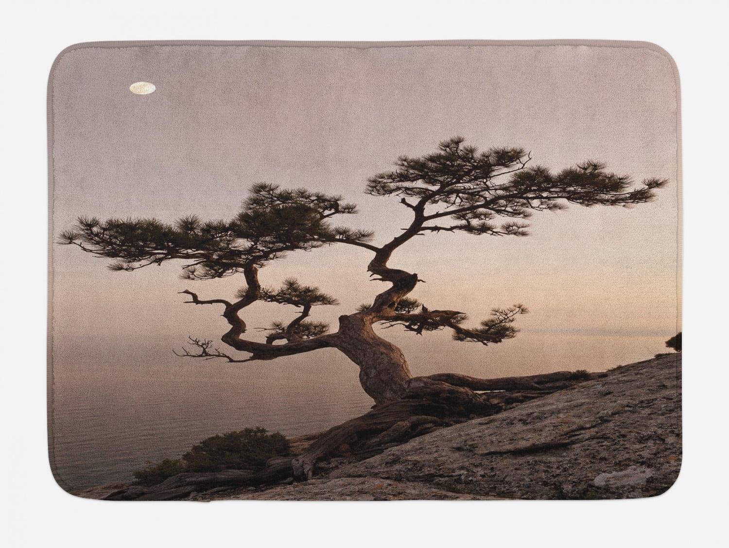 Tree Bath Mat, Lonely Juniper Tree on Seaside Cliff Full Moon at Sunset ...