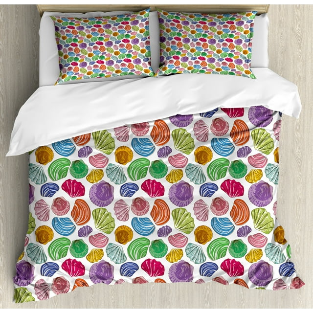 Sea Shells Duvet Cover Set King Size, Colorful Hand Drawn Shells Summer ...